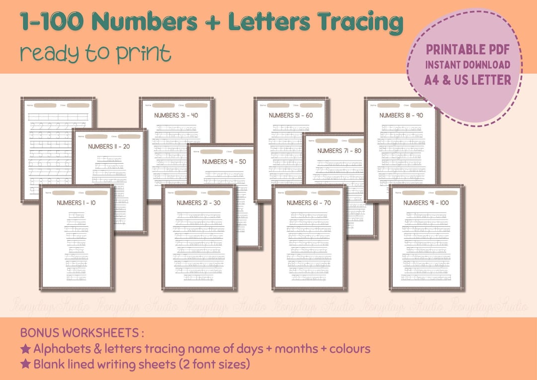 PRINTABLE PDF 1-100 Numbers ABC Alphabet Letter Tracing Handwriting ...