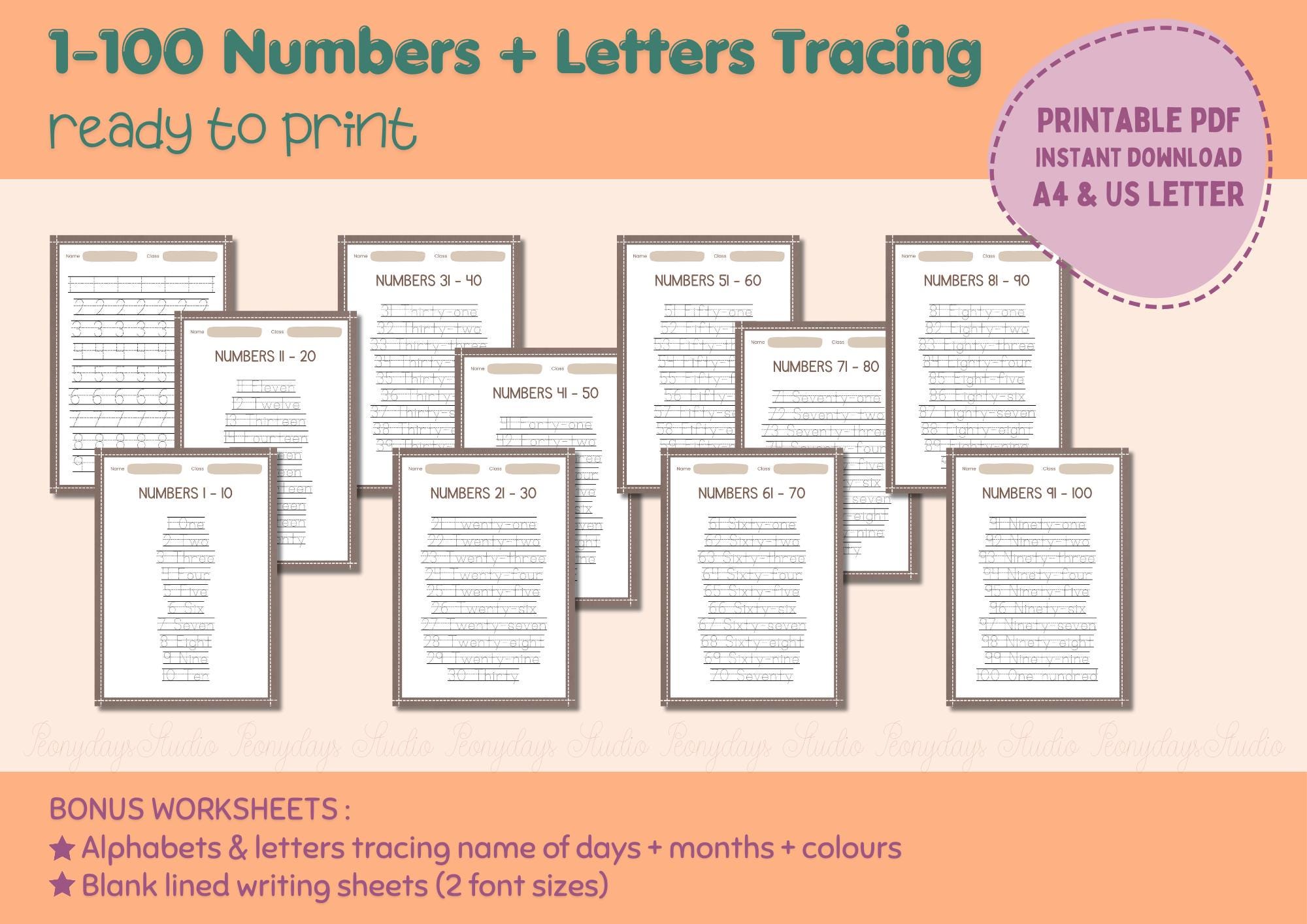 PRINTABLE PDF 1-100 Numbers ABC Alphabet Letter Tracing Handwriting ...