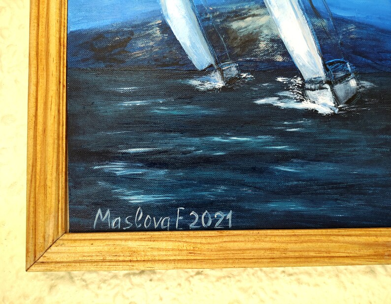 Two Racing Yachts at Sea, Oil Painting on Paper Framed, Total Size With ...