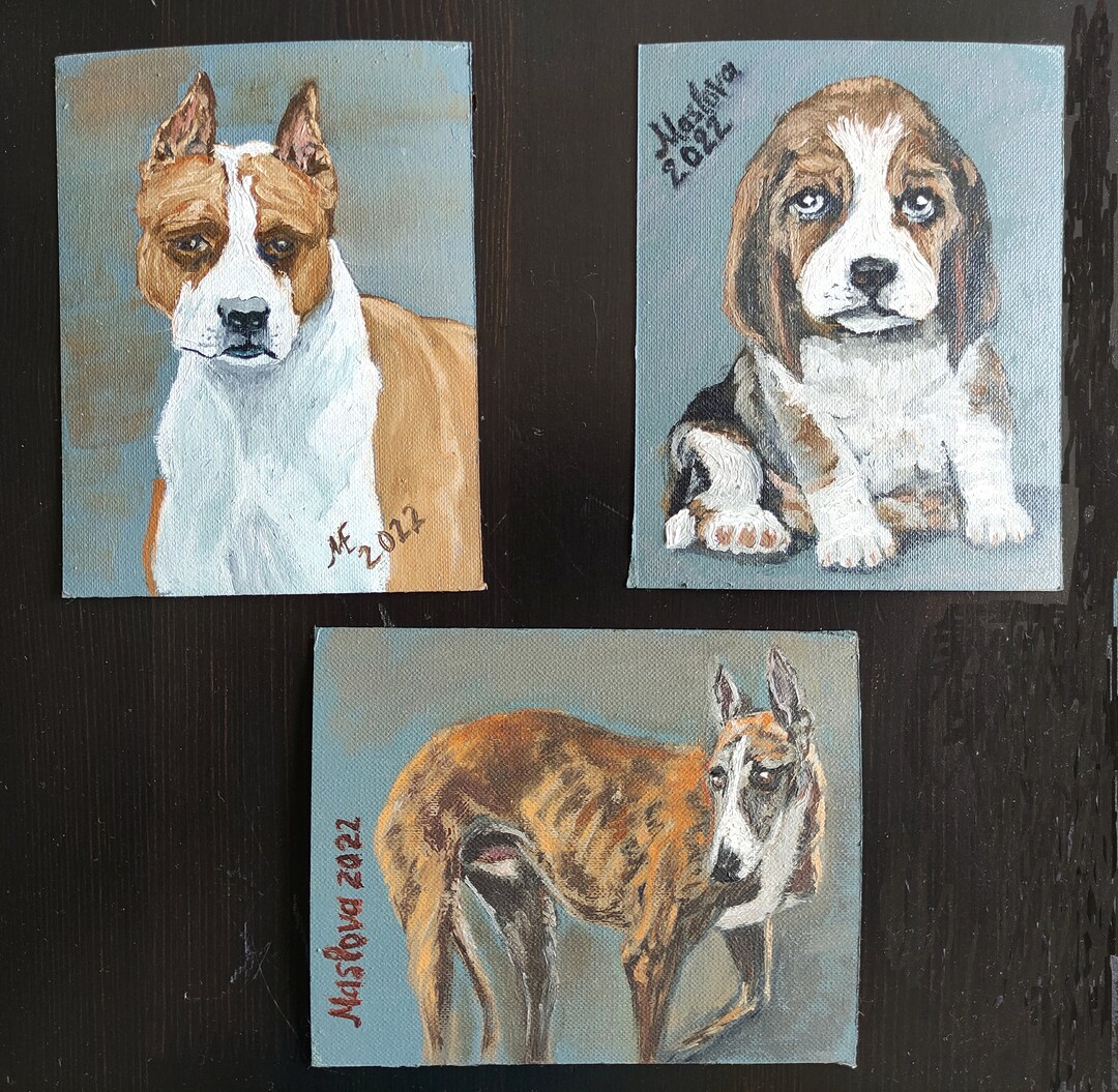 Three Small Paintings, Dogs Painting, Pit Bull, Galgo and Basset Puppy ...