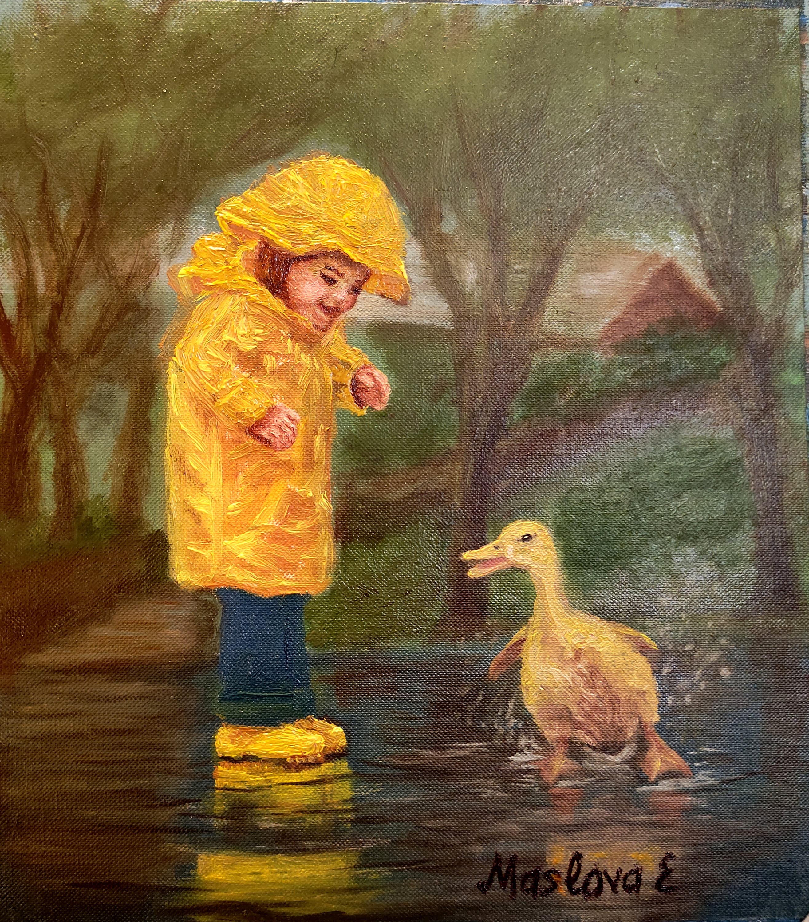 On a Walk, Girl and Her Friend Duck, Original Oil Artwork, Painting on ...