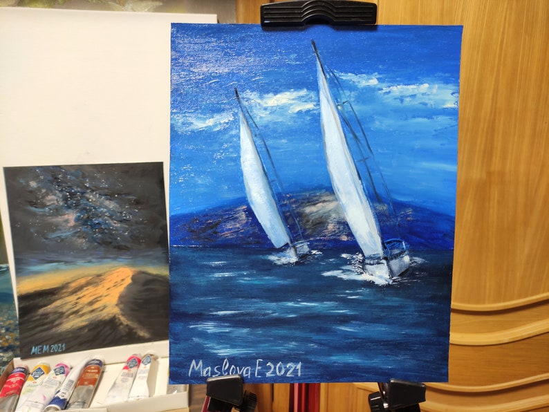 Two Racing Yachts at Sea, Oil Painting on Paper Framed, Total Size With ...