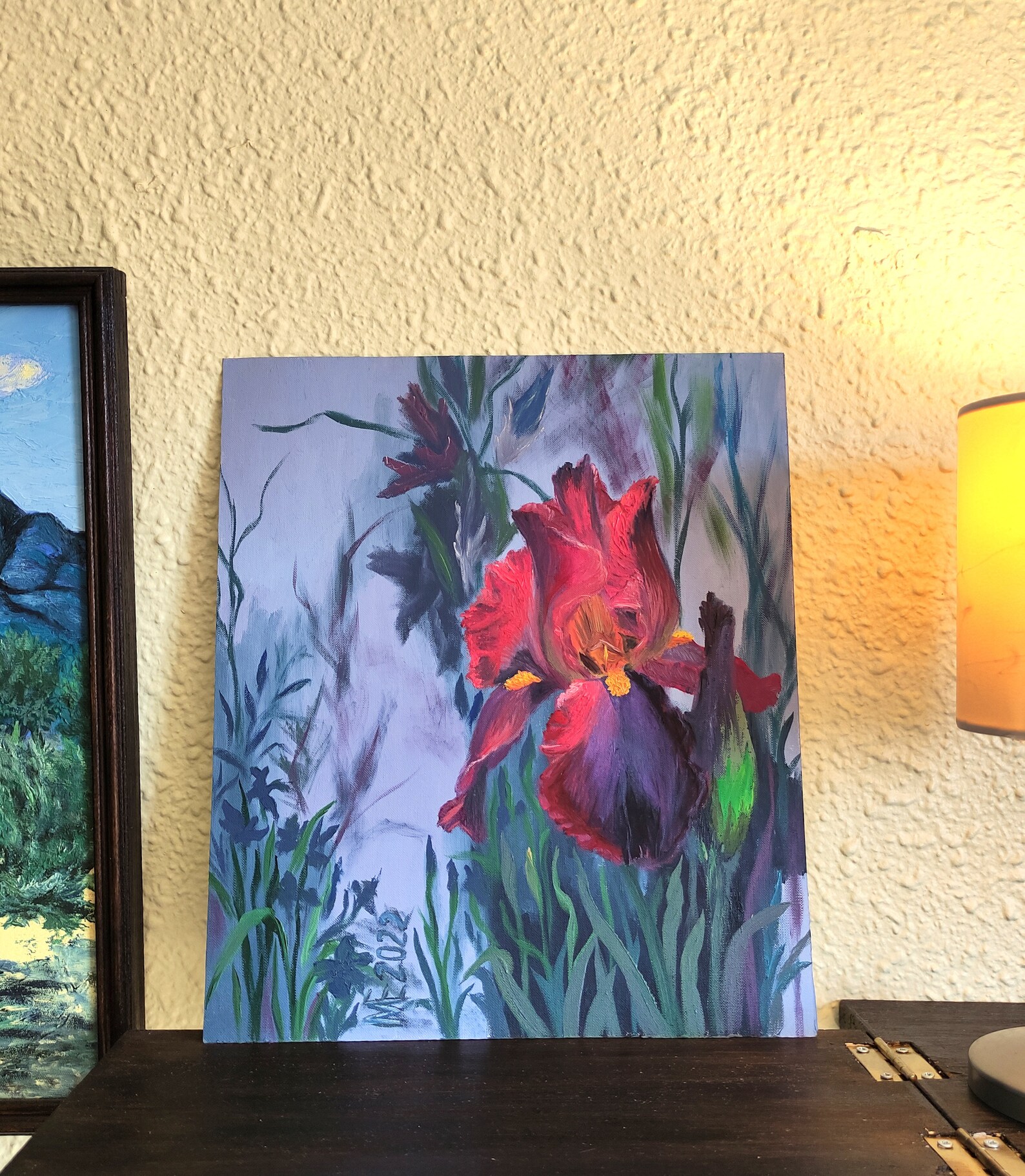 Red Iris and Bud on Abstract Background, Original Oil Painting on Paper ...