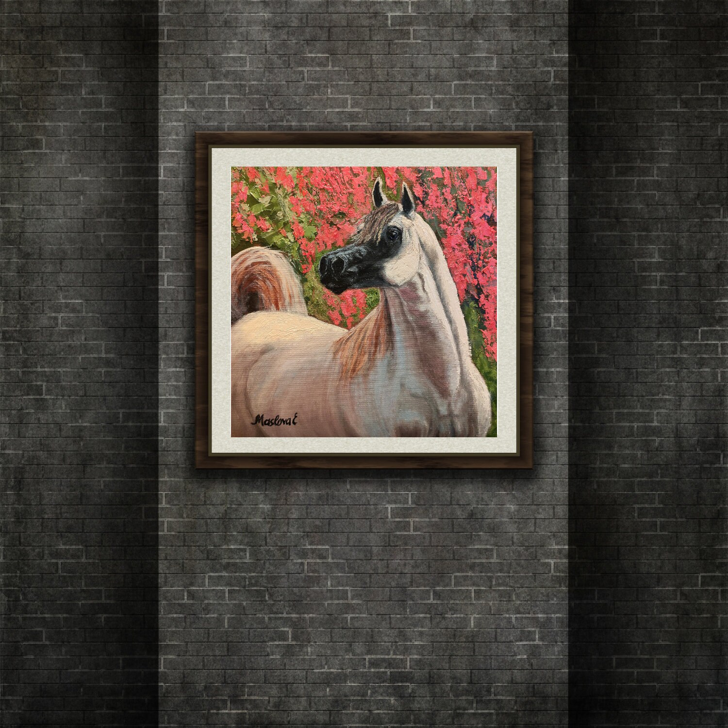 Portrait of Arabian Horse, White Arabian Horse Standing Near Pink ...