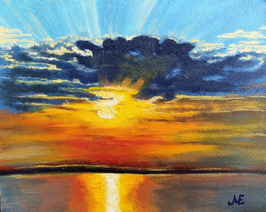 Handmade Sunset Oil Painting: Sun Rays Over Sea (11'' X 8.5") - Etsy