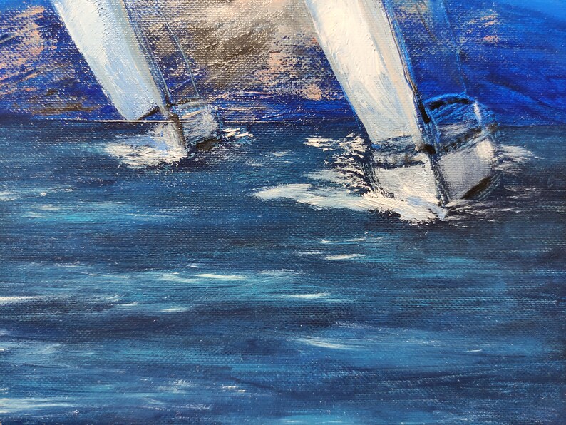 Two Racing Yachts at Sea, Oil Painting on Paper Framed, Total Size With ...