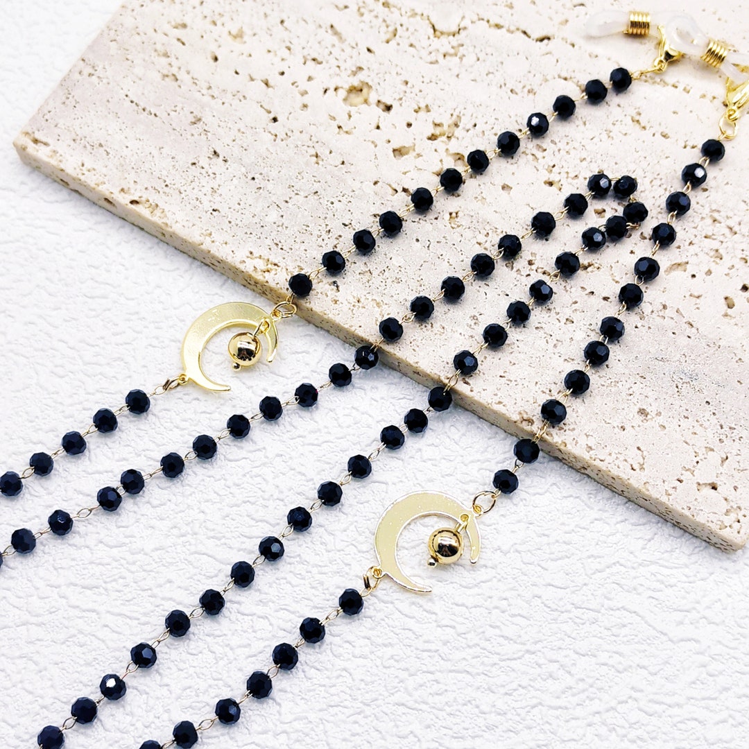Black Crystal Bead Eyeglass Chain, Moon Eyeglass Chain, Eyeglass Chains ...