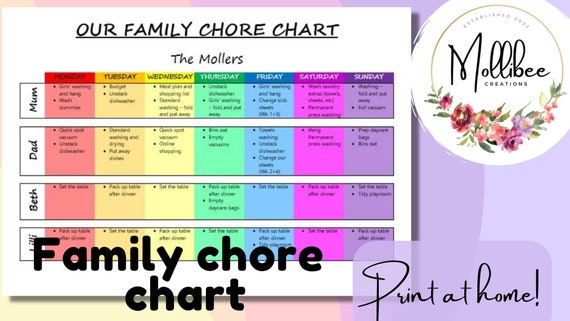Printable Family Chore Chart ROYGBIV Digital Download - Etsy