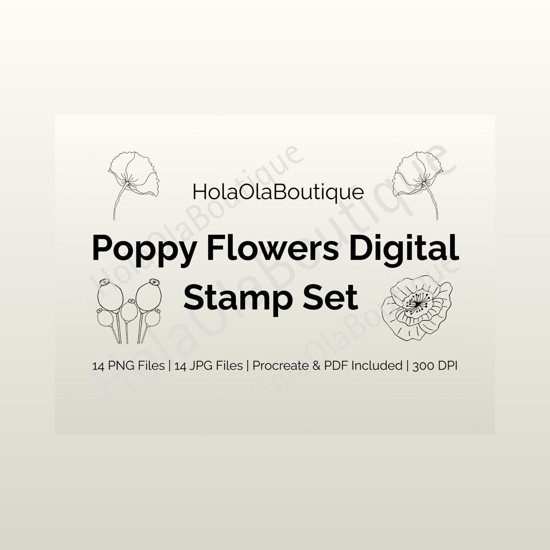 Poppy Flower Digital Stamp Bundle: Floral Line Art (PNG, JPG, PDF ...