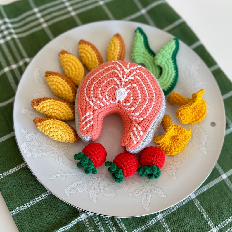 Crochet Play Food Set With Salmon Steak. Handmade Cotton Toys - Etsy
