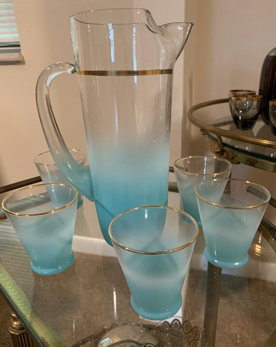 Vintage Blue Ombré Blendo Pitcher Set With 6 Matching Cordial - Etsy