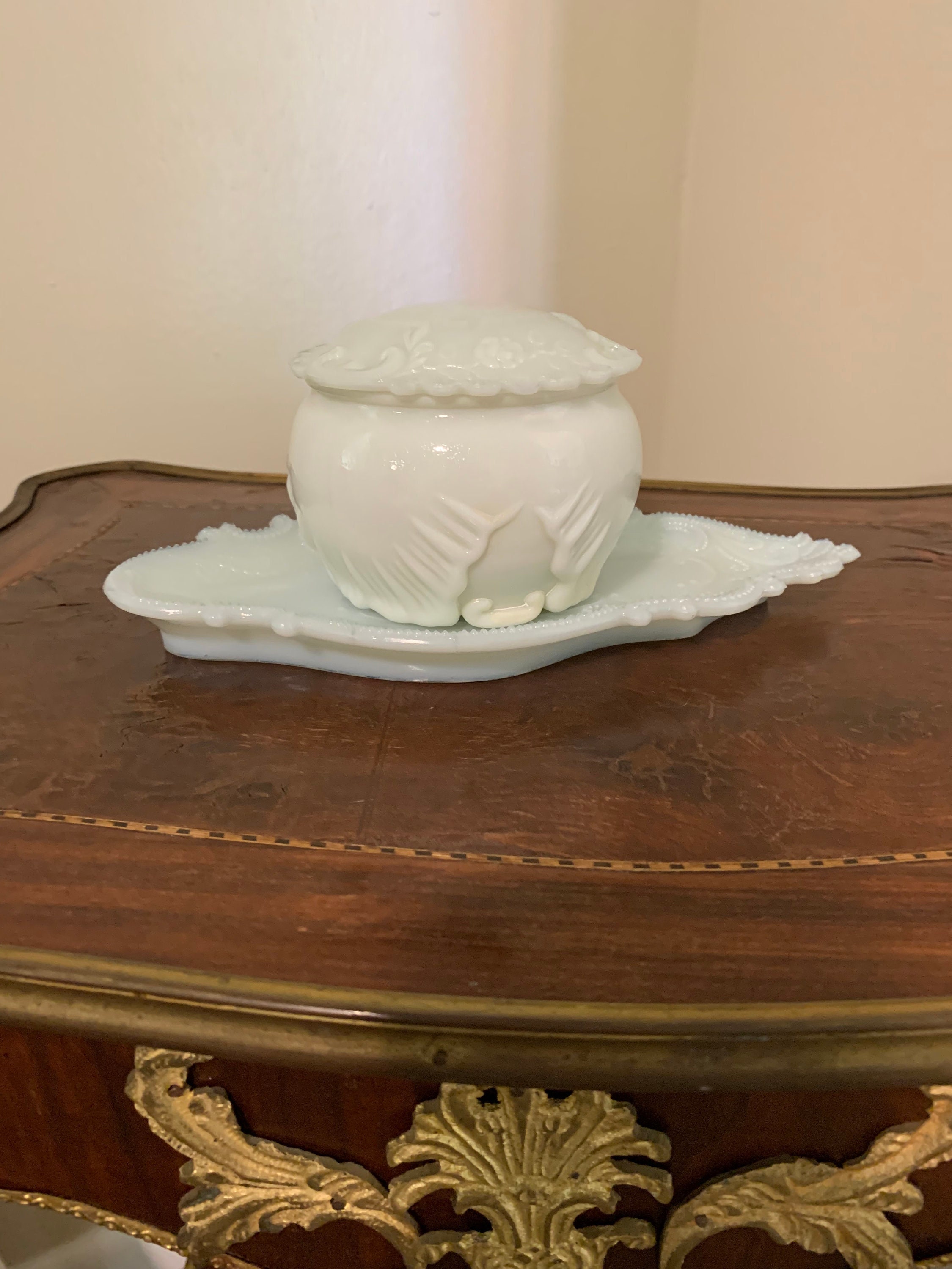 Vintage White Powder Jar and Tray - Etsy