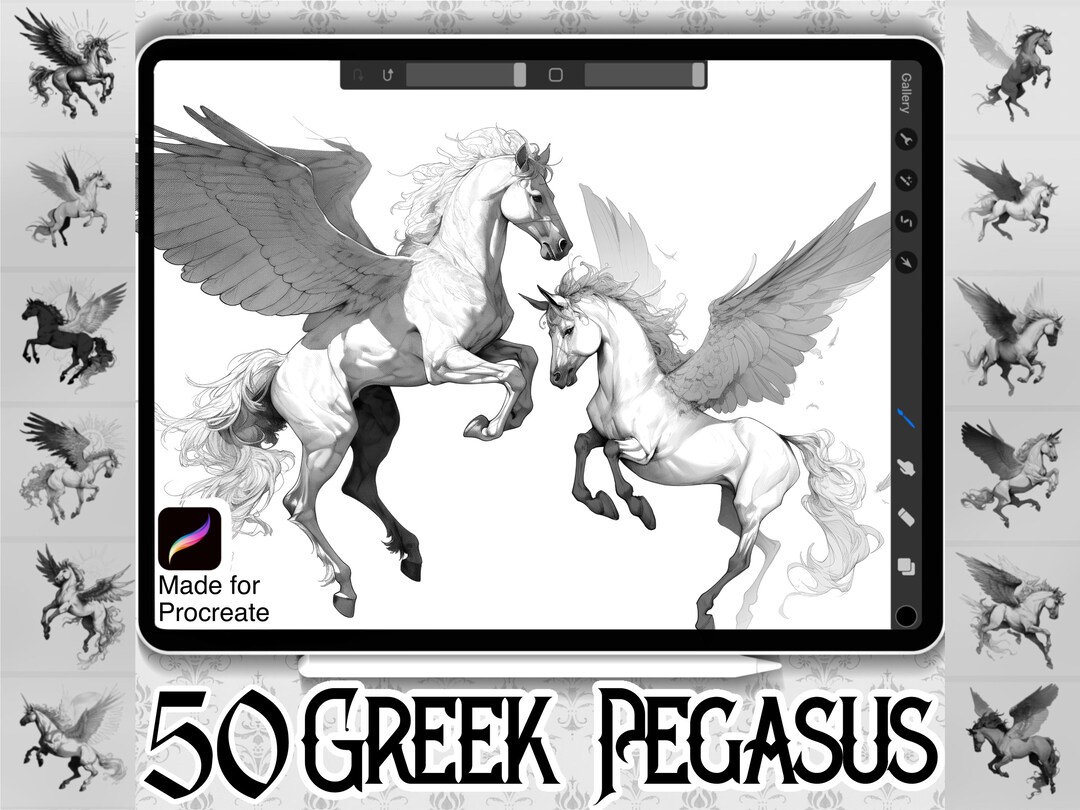 50 Greek Pegasus Designs | INSTANT DOWNLOAD | Greek Mythology Stamps | Procreate Brush | Tattoo ...