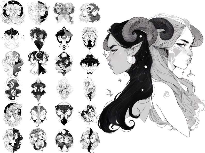 50 Gemini Women Procreate Brushes | Zodiac Tattoo Designs (INSTANT ...