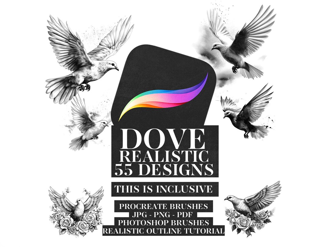 Dove Tattoo Stamp Brushes - Procreate & Photoshop (55 Designs, JPG, PNG ...