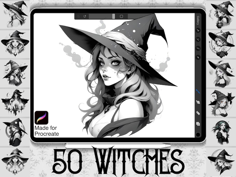 50 Witch Women Designs INSTANT DOWNLOAD Mystic Witch Stamps Procreate ...