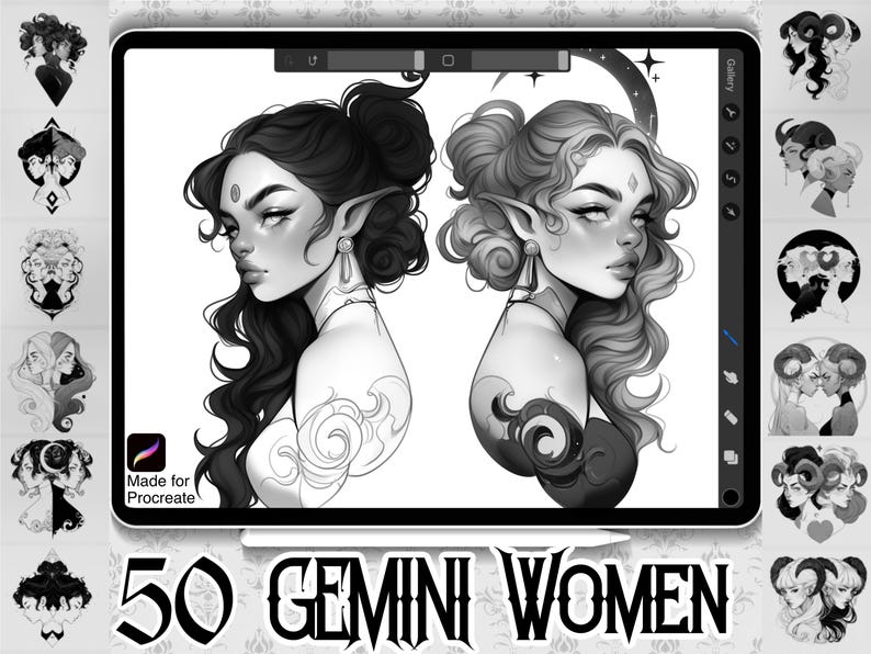 50 Gemini Women Procreate Brushes | Zodiac Tattoo Designs (INSTANT ...