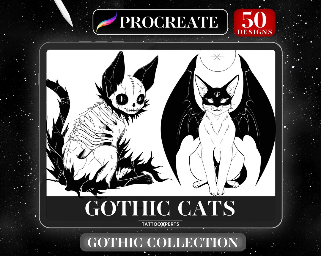 50 Gothic Cats Procreate Stamps | INSTANT DOWNLOAD | Goth, Wings ...