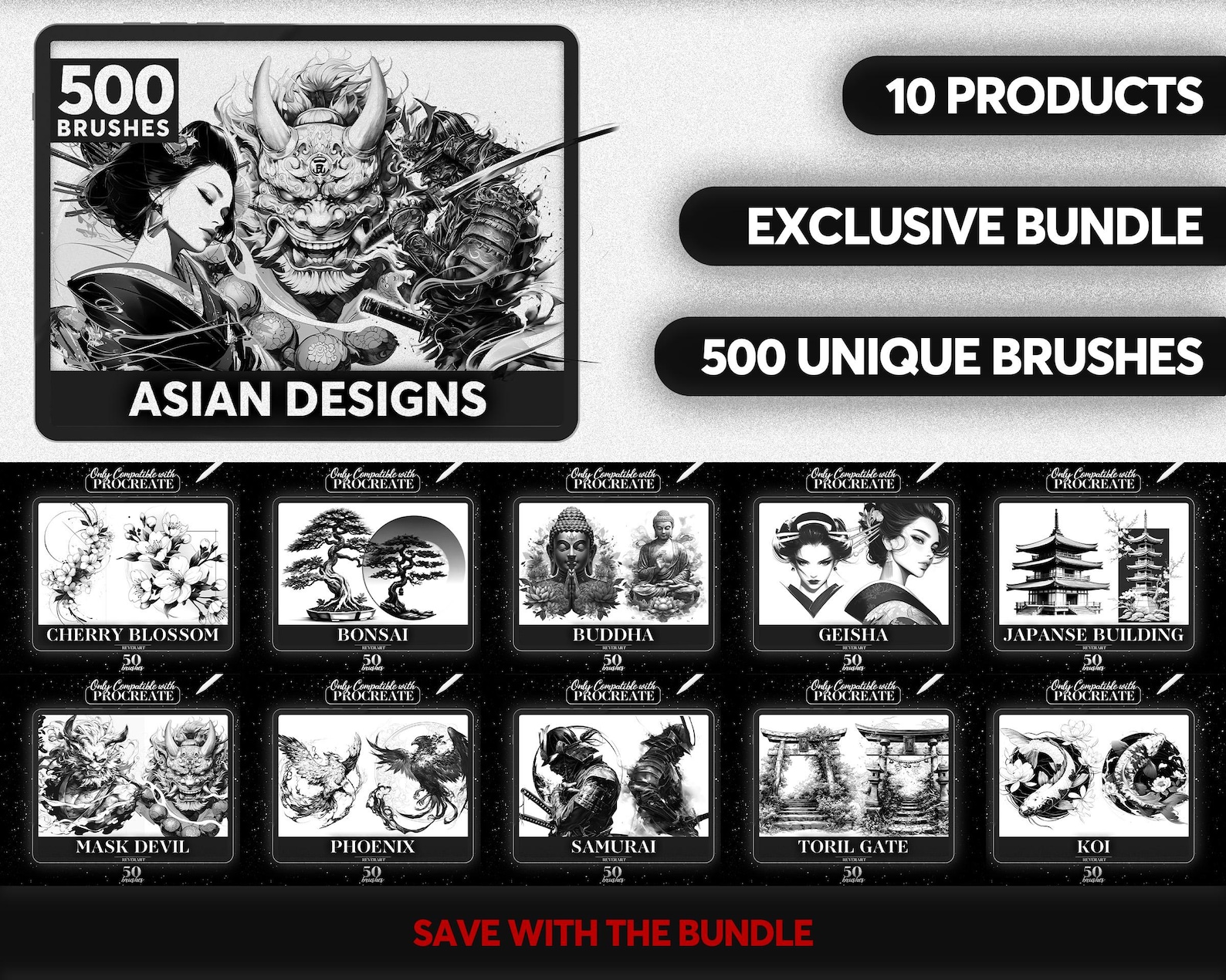 500 Asian Tattoo Brushes for Procreate | Geisha, Samurai, Cherry ...