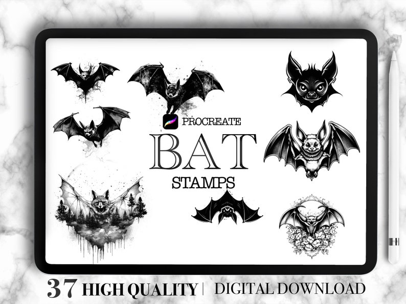 Bat Designs for Procreate / Tattoo Stamp 37 Designs Stamps Digital for ...