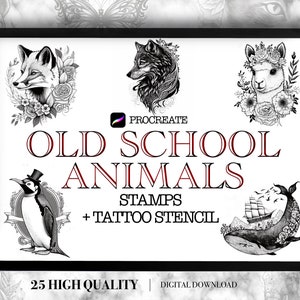 Old School Animals for Procreate / Tattoo Stencil - 25 Desgins - Stamps ...