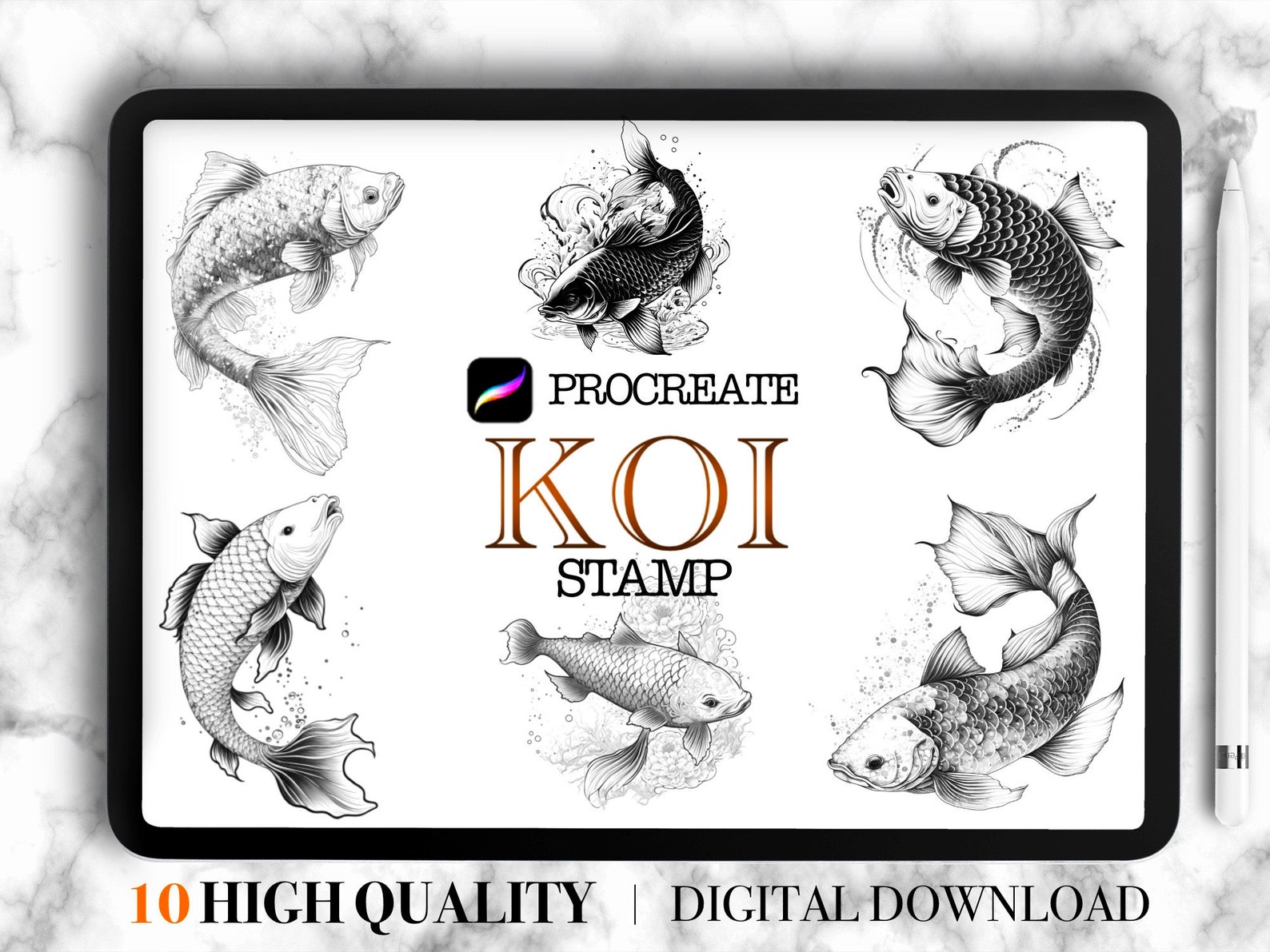 10 Procreate Koi Brush Set Tattoo Brushes Stencil Stamps Digital for iPad / Koi Stamp, Tattoo ...