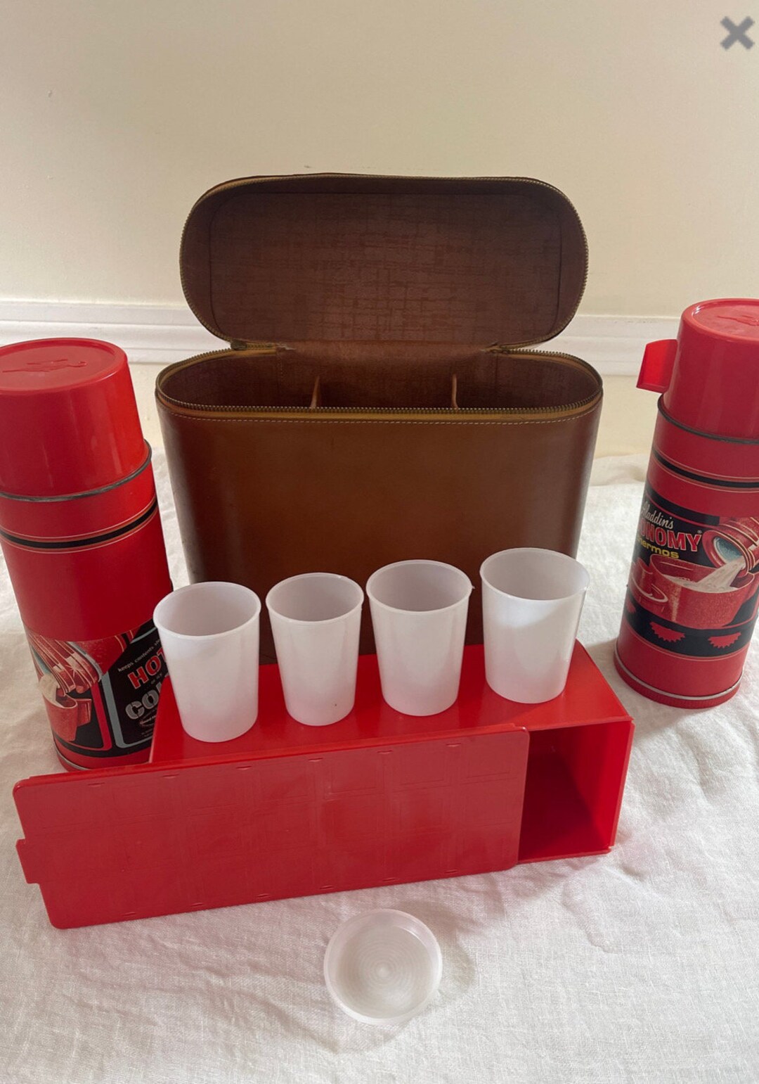 Vintage 2 Thermos Aladdin Sandwich Box Picnic Set With Brown Leather ...