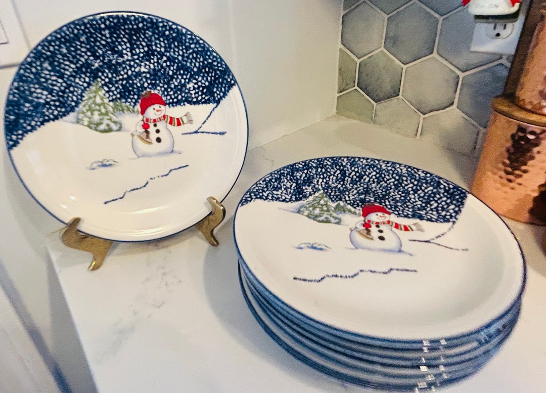 Vintage “thomson Pottery” Set Eight (8) Snowman Dinner Plates - Great ...