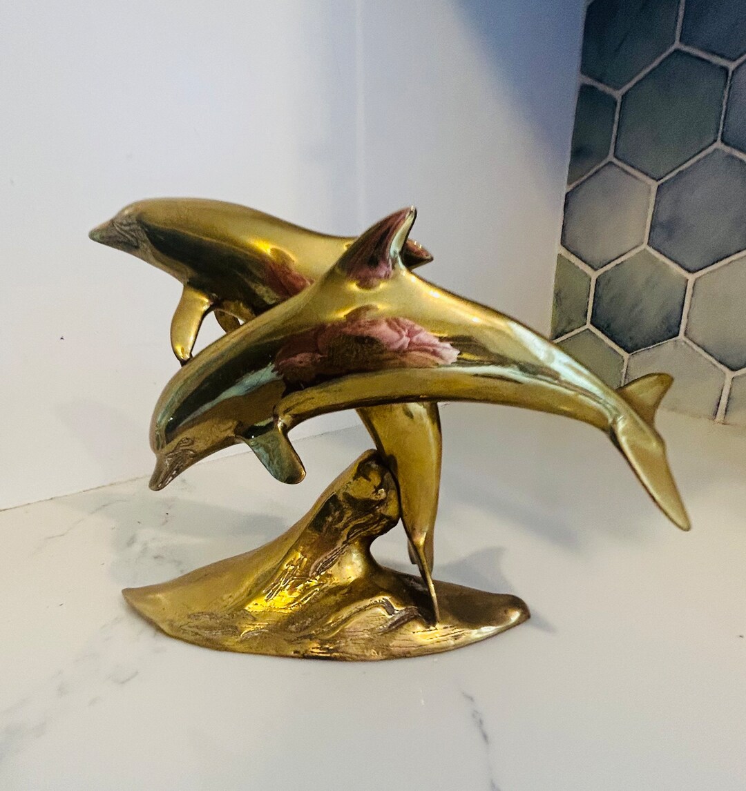 Vintage Brass Sculpture Mounted Double Dolphin Statue - Etsy