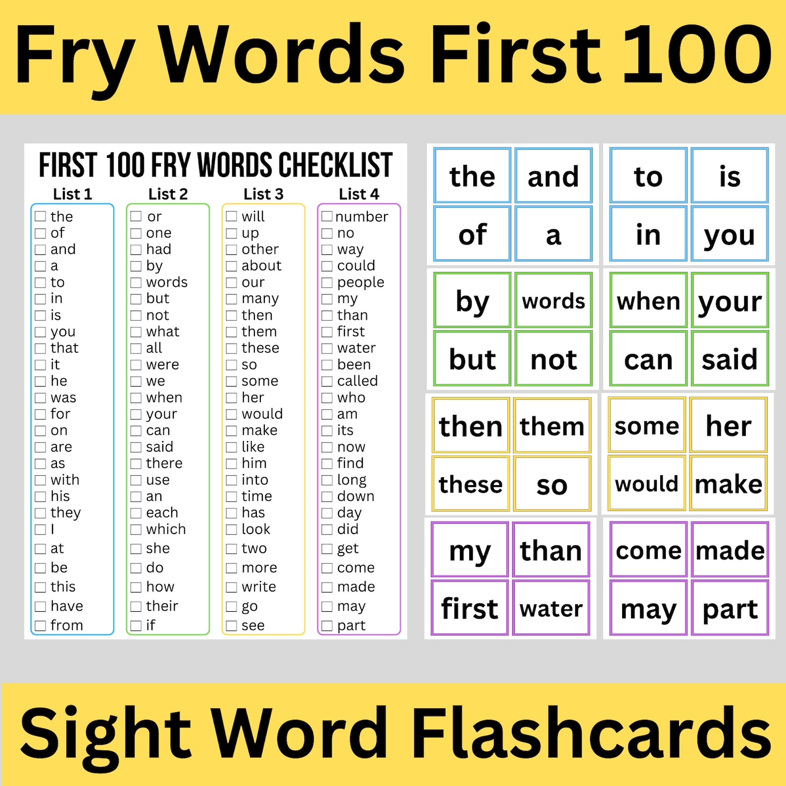 Fry Words First 100 Sight Word Flashcards: Homeschool Kindergarten - Etsy
