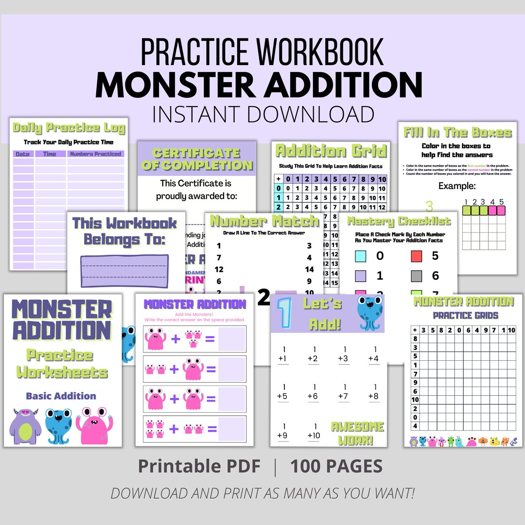 Monster Addition Practice Workbook, Basic Addition, Learning to Add ...
