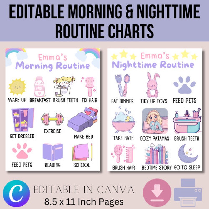 Editable Morning & Nighttime Routine Chart, Routine Chart, Checklist ...