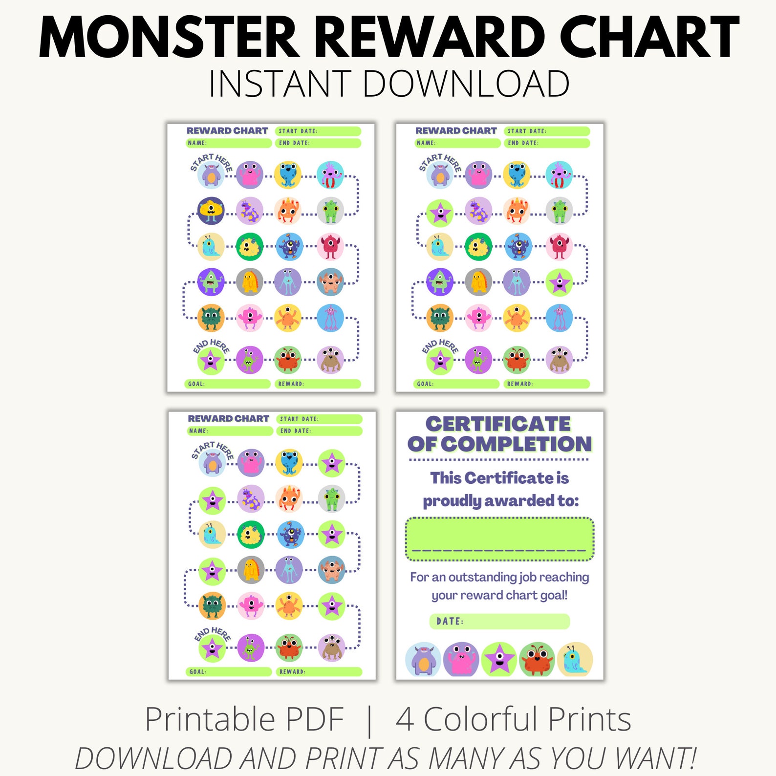 Printable Monster Reward Chart, Preschool Printable, Routine Chart ...