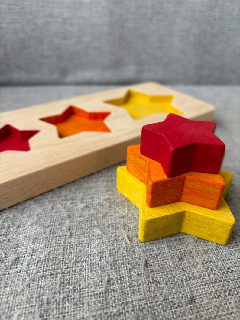 Wooden Stacking Toy With Starts. Sorting by Colors and Sizes - Etsy