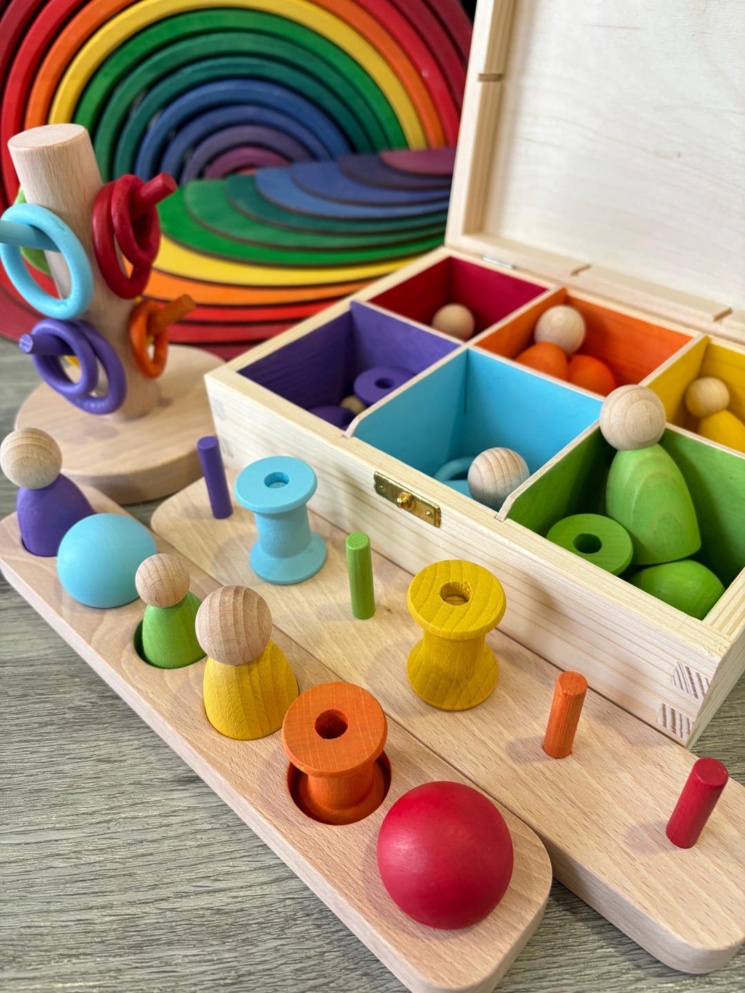 Didibox, Wooden Box With Doll, Bobbins, Rings, Ball. Montessori Play ...