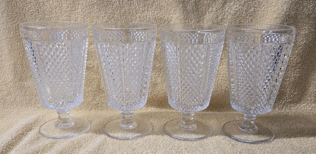 4 Vintage Fostoria Diamond Point 6" Footed Stem Iced Tea Glasses Cross ...