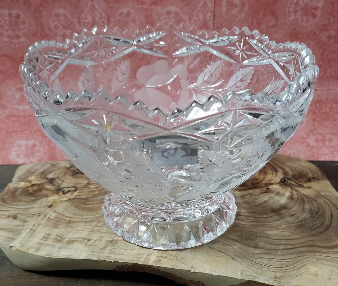 Vintage Zajecar Lead Crystal Bowl Hand Cut Etched Roses Made in ...
