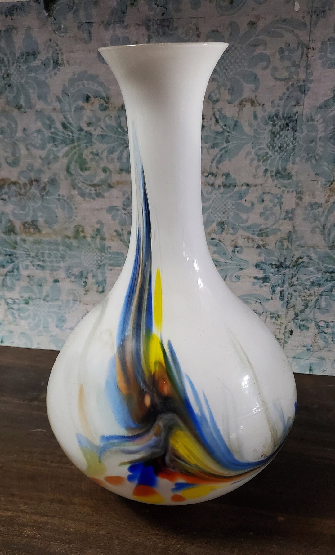 Snowflake Art Glass Vase DALIAN Glass Company Vintage MCM Chinese 10.5 ...