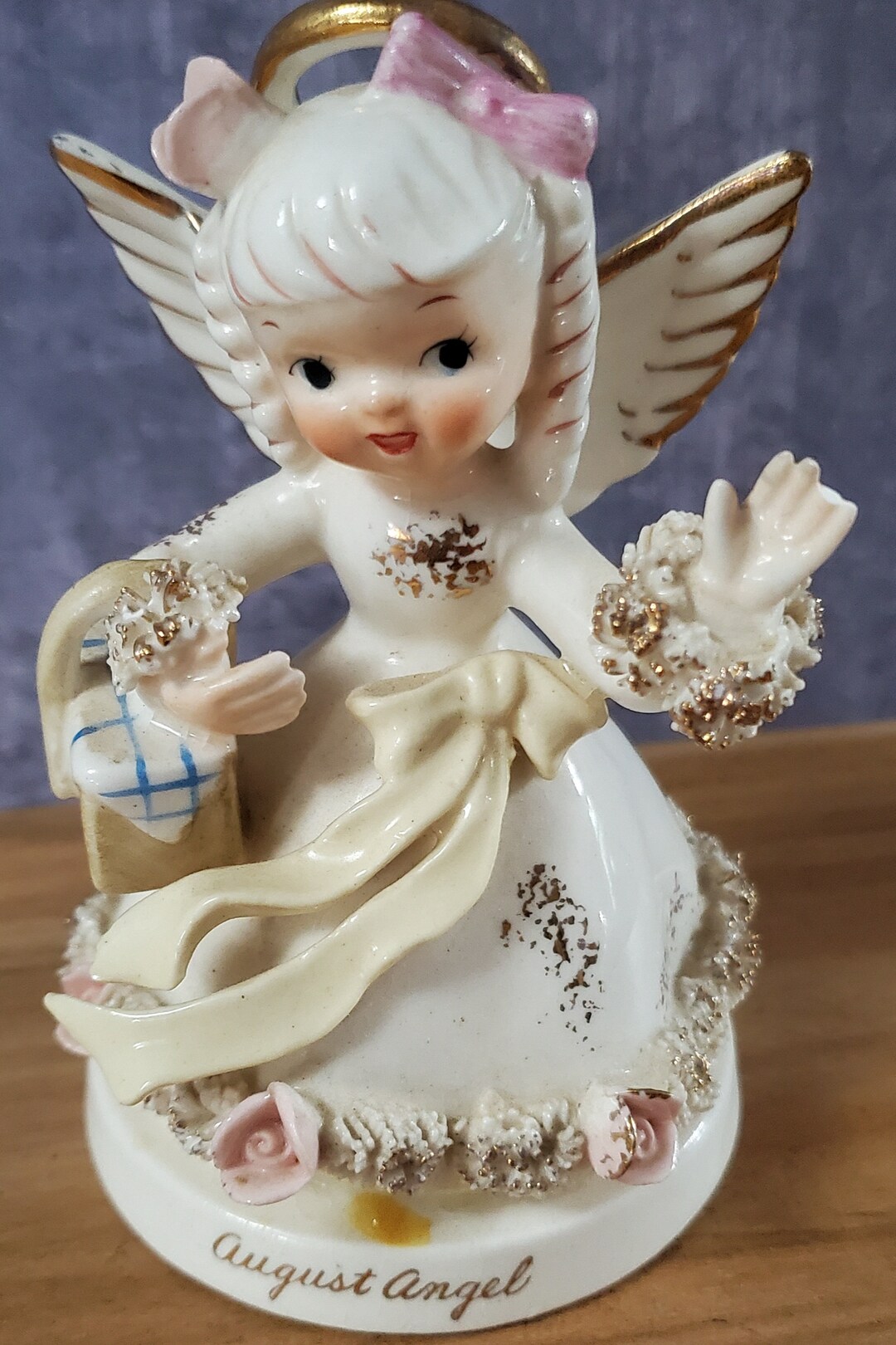 Napco August Angel Spaghetti Gold Trim Figurine Birthday Girl Japan MCM ...