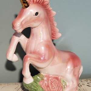 Vintage Large Pink Unicorn Ceramic Figurine Iridescent Gold Horn ...