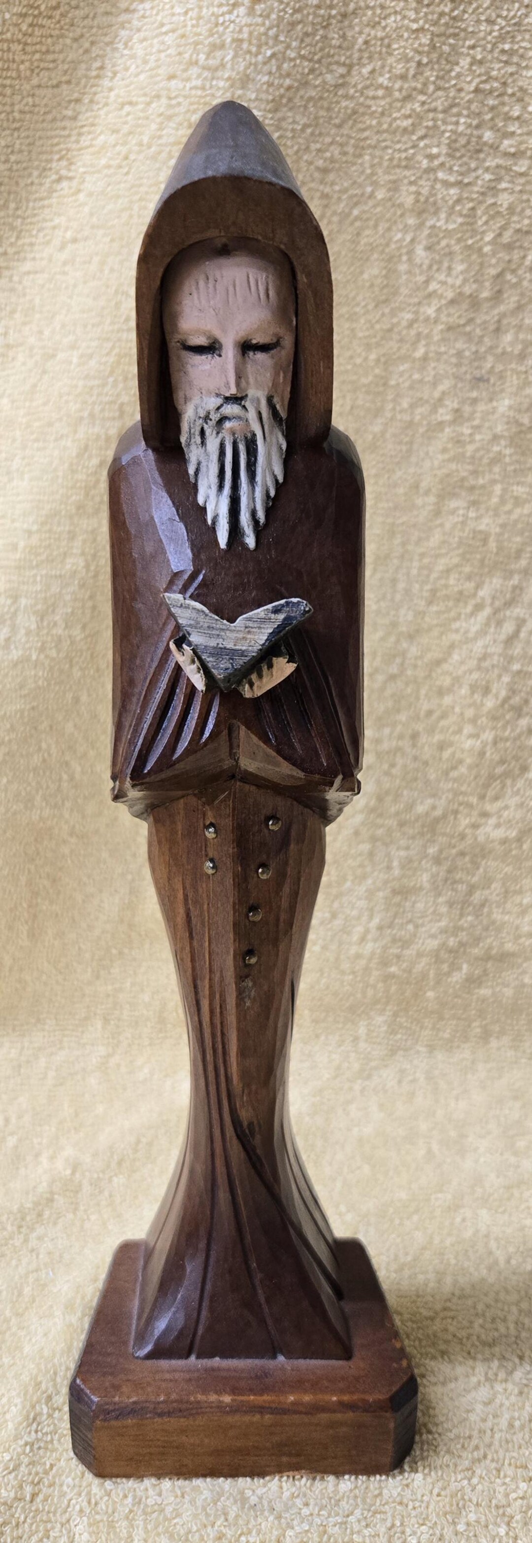 Wooden Hand Carved Wood Monk Priest Statue Figure Reading Bible Painted ...