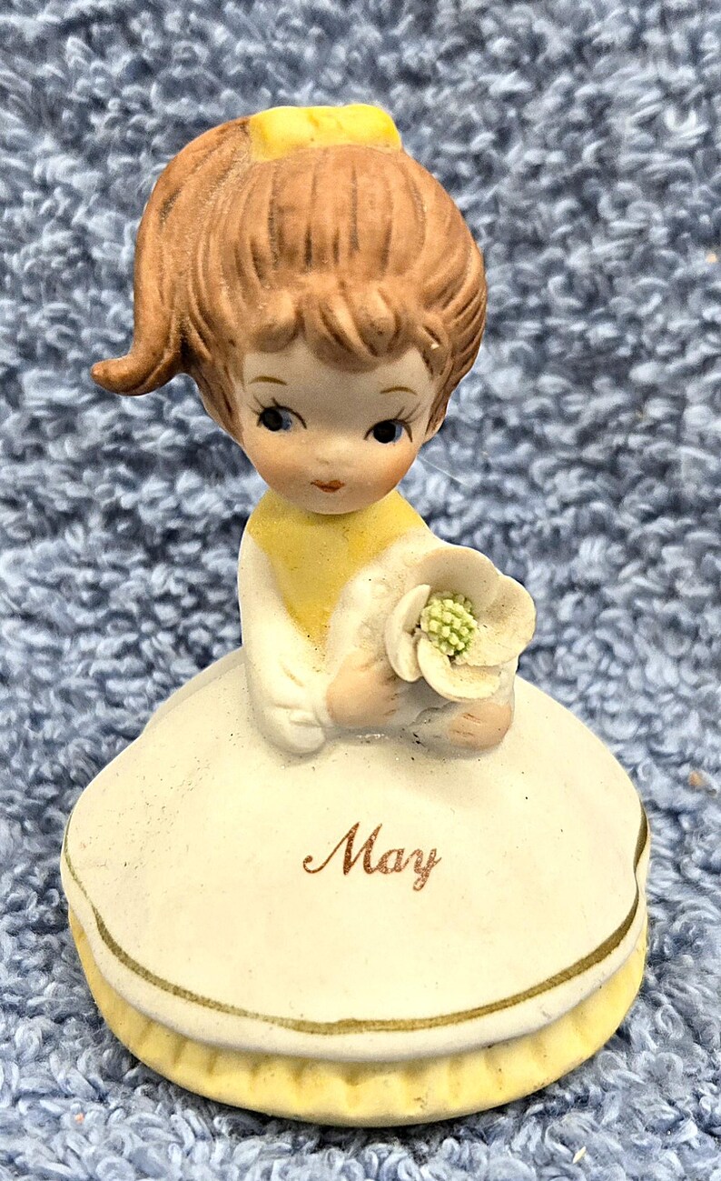 Vintage Lefton May Birthday Girl Figurine Brunette 2.75” Yellow Dress ...