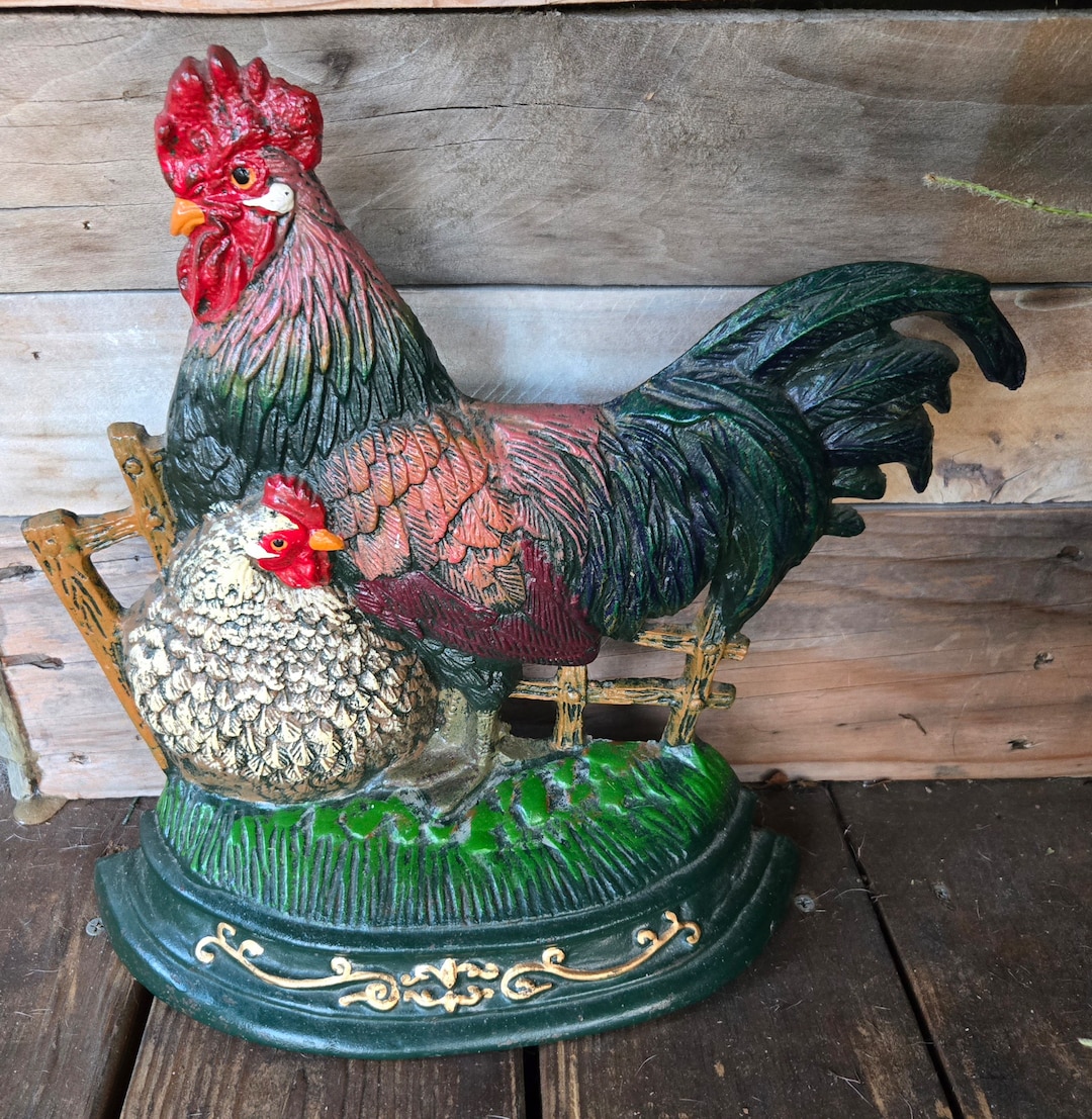 Vintage Cast Iron Rooster & Hen Chicken Door Stop Vibrant Colors Door ...