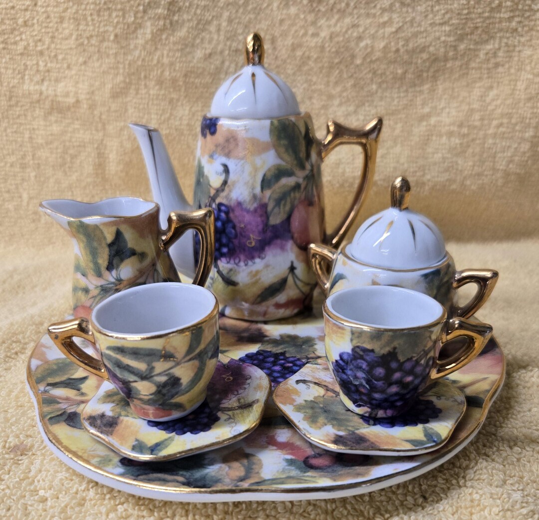 Vintage Italian Fruit Motif Gold Accents Miniature 10 Piece Ceramic Tea ...