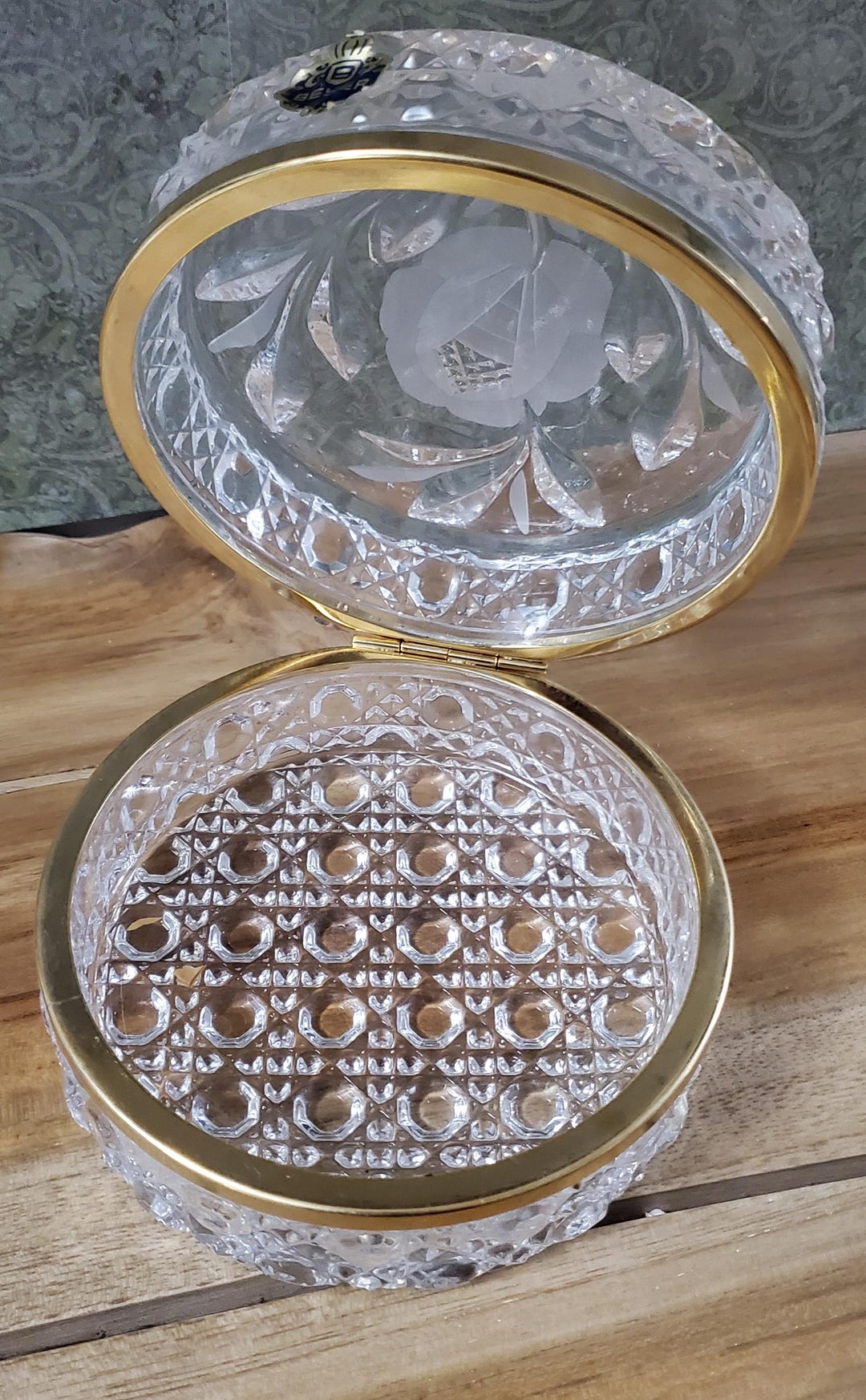 Vintage Lead Crystal Hinged Round Etched & Frosted VANITY JEWELRY BOX ...