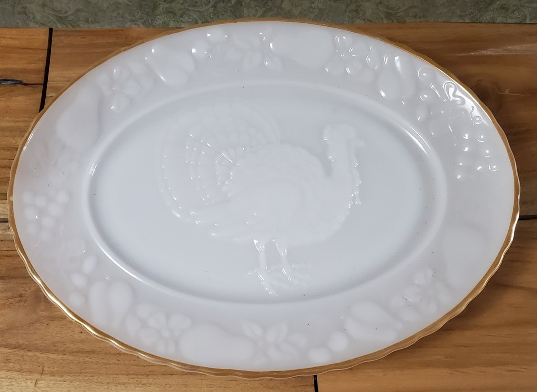 Vintage Anchor Hocking White Translucent OPAQUE Turkey Platter Gold Rim ...