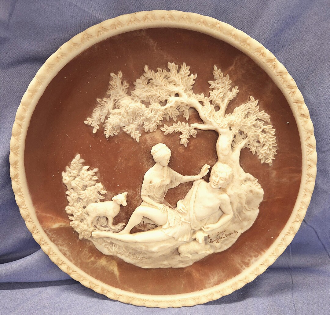 A Thing of Beauty Solid Incolay Stone Cameo Sculpted Plate Signed ...