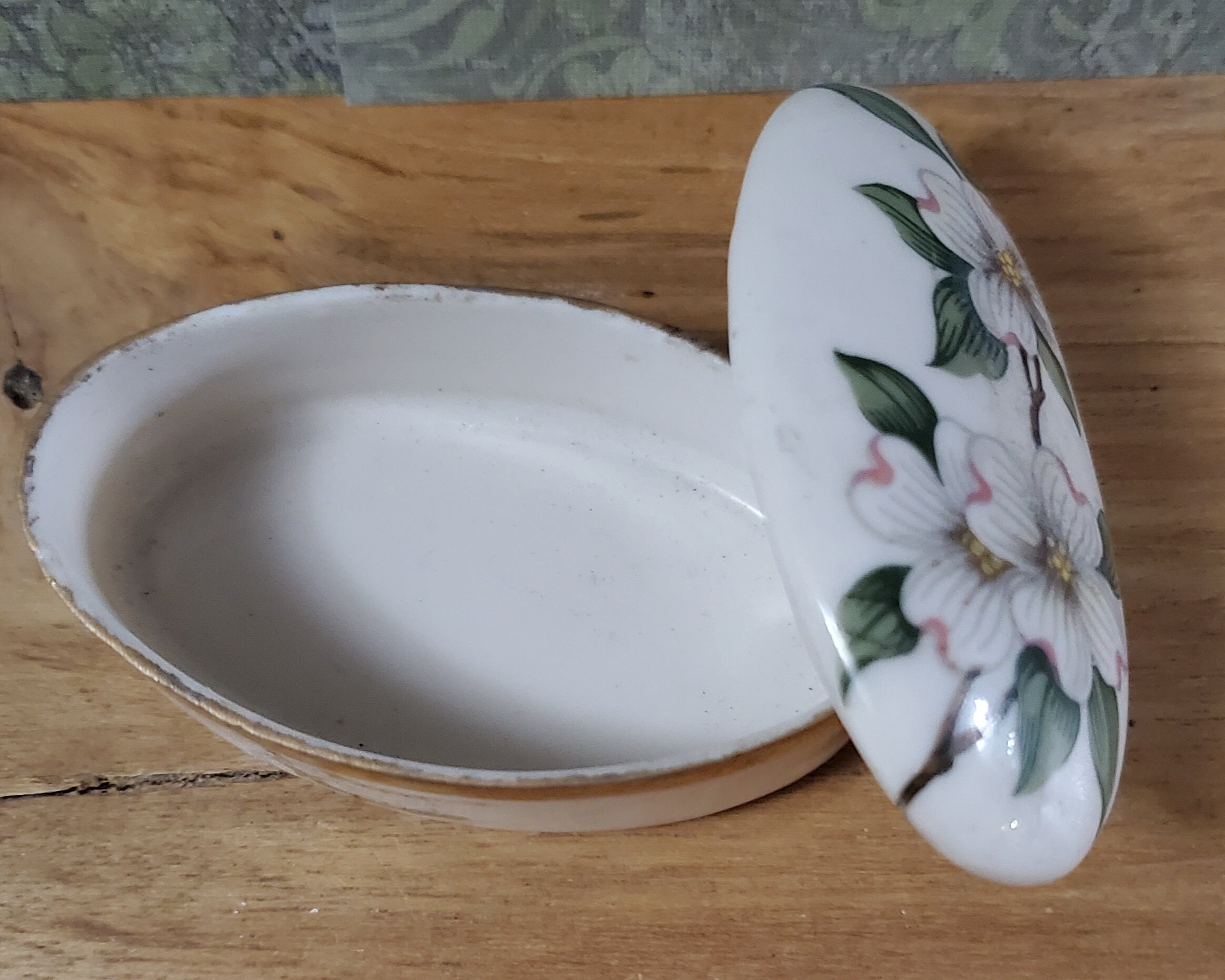 Vintage Dwight Morris China Trinket Box Dogwood Floral Made in USA Mt ...