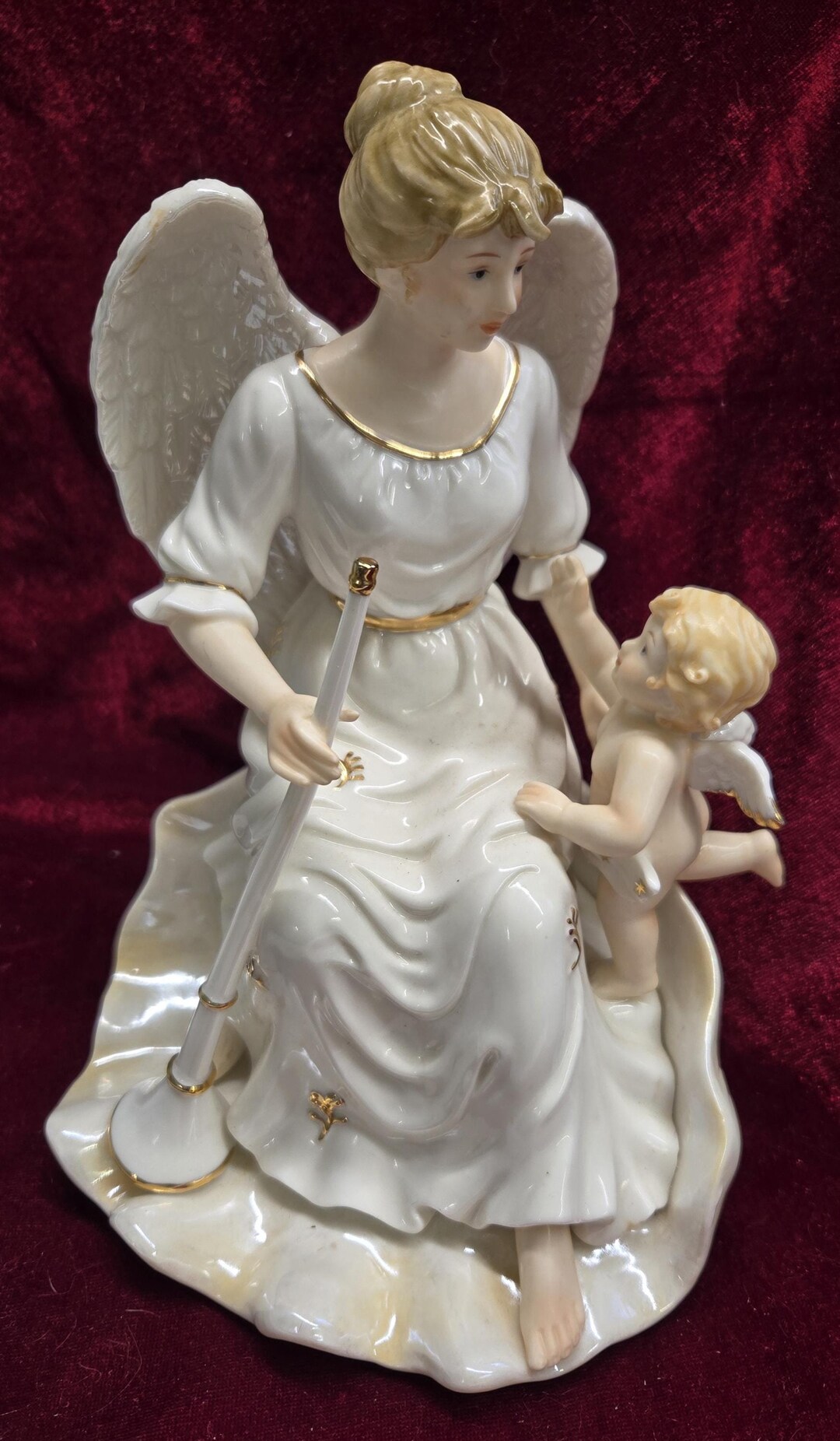 Vintage O' Well Angel W/cherub Baby Figurine Gold Trim 9 Porcelain ...