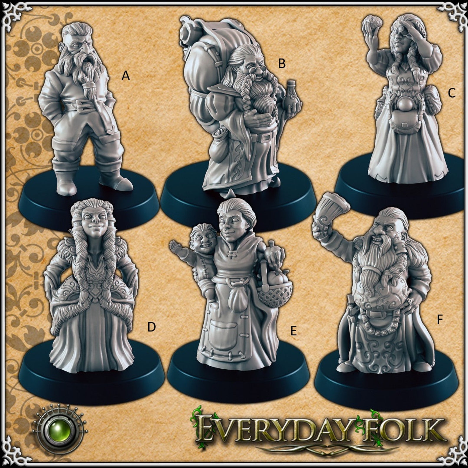 Dwarven Common Folk Mini Set for Dnd EC3D Townsfolk Dwarves Male Female ...